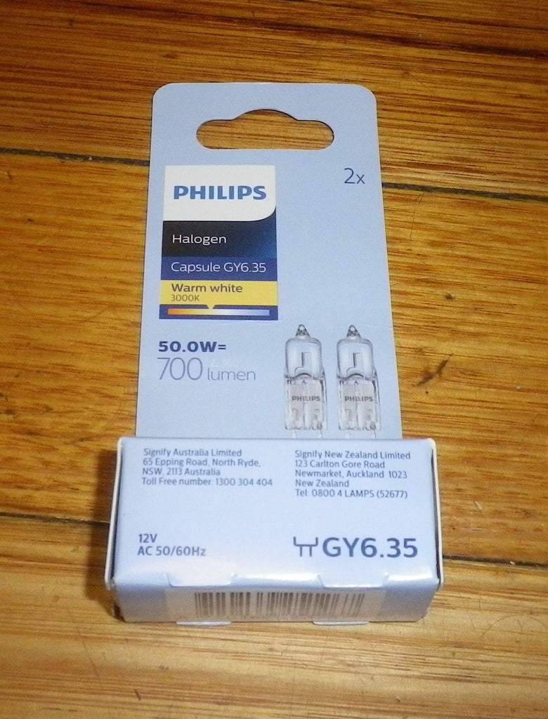 Philips 50Watt 12Volt Halogen Wedge Globe with GY6.35 Base (Pkt 2) - P ...