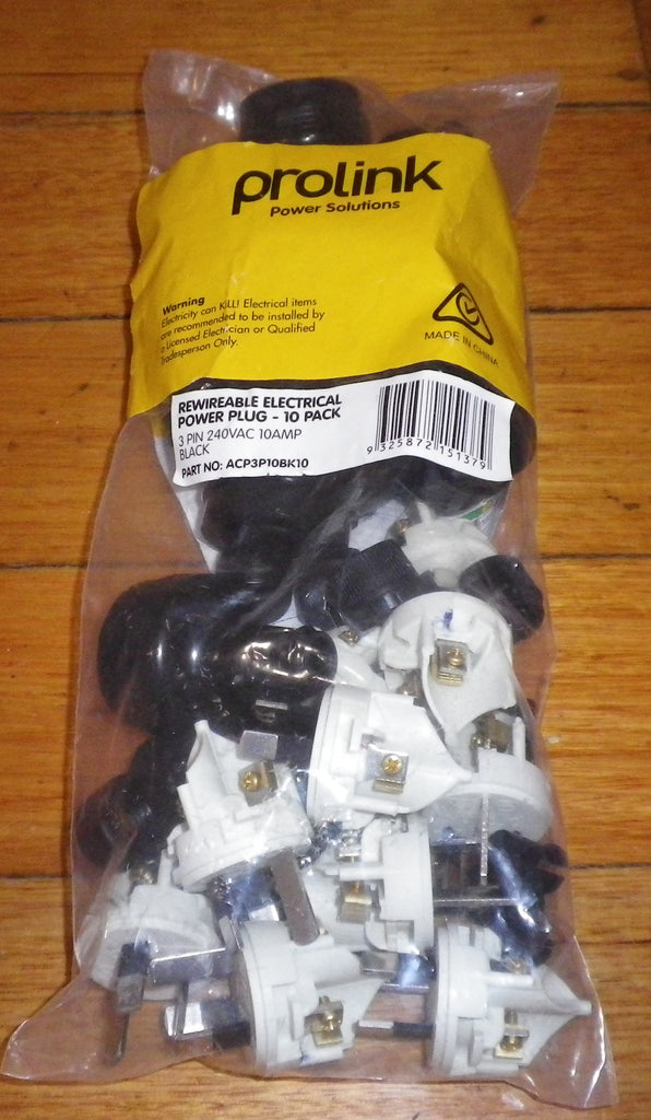 Prolink Black 3pin 10Amp 240V Mains Plug Tops (Qty 10) - Part # ACP3P1 ...
