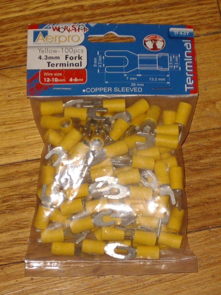 Yellow Insulated 4.3mm Fork Crimp Terminals (Pkt 100) - Part # TM11083 ...